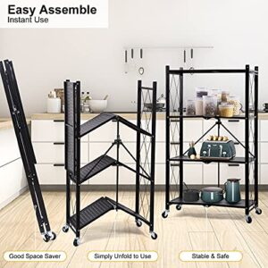 HealSmart 4-Tier Heavy Duty Foldable Metal Rack Storage Shelving Unit, Black & 3-Tier Heavy Duty Foldable Metal Rack Storage Shelving Unit with Wheels Moving Easily Organizer Shelves, Black