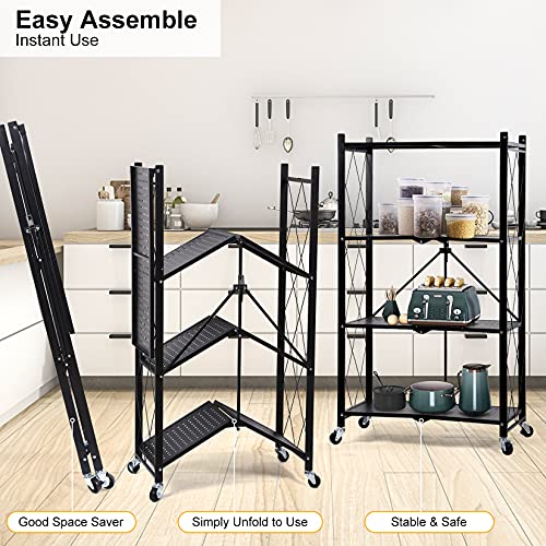 HealSmart 4-Tier Heavy Duty Foldable Metal Rack Storage Shelving Unit, Black & 3-Tier Heavy Duty Foldable Metal Rack Storage Shelving Unit with Wheels Moving Easily Organizer Shelves, Black