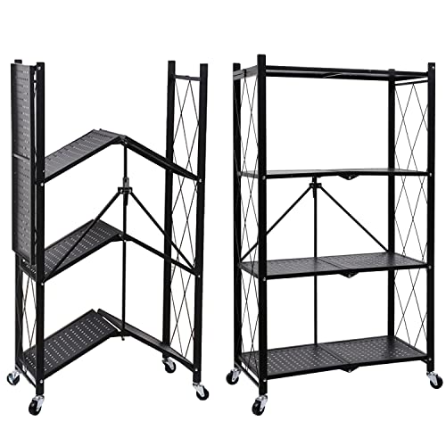 HealSmart 4-Tier Heavy Duty Foldable Metal Rack Storage Shelving Unit, Black & 3-Tier Heavy Duty Foldable Metal Rack Storage Shelving Unit with Wheels Moving Easily Organizer Shelves, Black