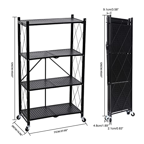 HealSmart 4-Tier Heavy Duty Foldable Metal Rack Storage Shelving Unit, Black & 3-Tier Heavy Duty Foldable Metal Rack Storage Shelving Unit with Wheels Moving Easily Organizer Shelves, Black