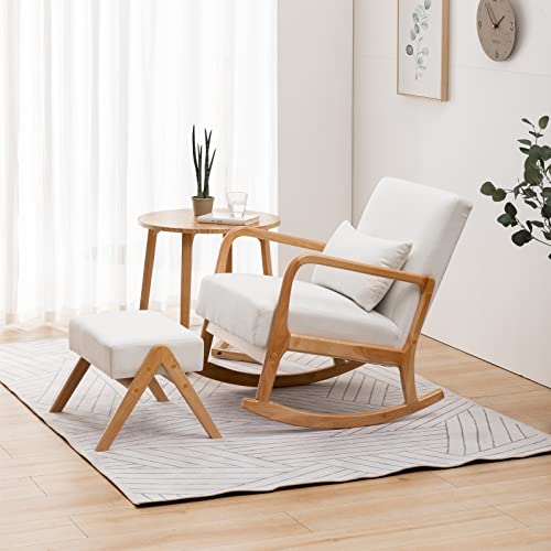 OKAKOPA Nursery Rocking Chairs with Ottoman, Upholstered Nursery Rocker Chair Glider Modern Rocking Chair with Foot Rest and Pillow, for Living Room Baby Room (White)