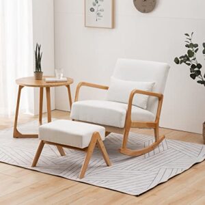 OKAKOPA Nursery Rocking Chairs with Ottoman, Upholstered Nursery Rocker Chair Glider Modern Rocking Chair with Foot Rest and Pillow, for Living Room Baby Room (White)