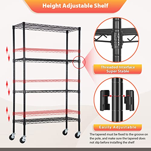 FDW Wire Shelving Storage Shelves 4-Shelf Adjustable NSF Wire Shelf Heavy Duty Storage Shelving Unit on 3” Wheel Casters Commercial Metal Wire Rack 36L x 14W x 62H,Black