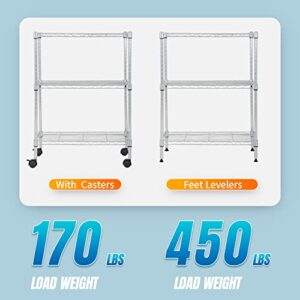 FDW 3 Tier Wire Shelving Metal Storage Shelves 23L x 13W x 32H Layer Storage Shelves with Wheels for Kitchen Garage Small Places,Chrome