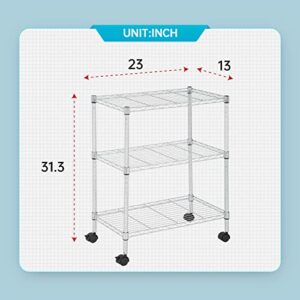 FDW 3 Tier Wire Shelving Metal Storage Shelves 23L x 13W x 32H Layer Storage Shelves with Wheels for Kitchen Garage Small Places,Chrome