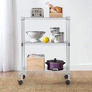 FDW 3 Tier Wire Shelving Metal Storage Shelves 23L x 13W x 32H Layer Storage Shelves with Wheels for Kitchen Garage Small Places,Chrome