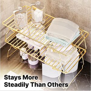 BENOLDY Rustproof Foldable Gold Metal Wire Kitchen Cabinet Storage Rack - Stackable Shelf Organizer for Plates, Dishes, Counters & Pantry Organization