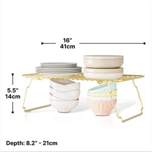 BENOLDY Rustproof Foldable Gold Metal Wire Kitchen Cabinet Storage Rack - Stackable Shelf Organizer for Plates, Dishes, Counters & Pantry Organization