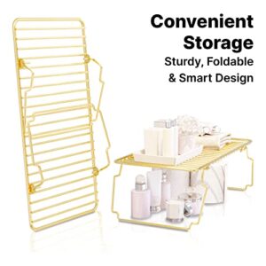 BENOLDY Rustproof Foldable Gold Metal Wire Kitchen Cabinet Storage Rack - Stackable Shelf Organizer for Plates, Dishes, Counters & Pantry Organization