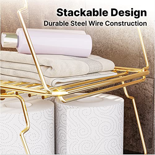 BENOLDY Rustproof Foldable Gold Metal Wire Kitchen Cabinet Storage Rack - Stackable Shelf Organizer for Plates, Dishes, Counters & Pantry Organization