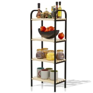 benoldy 4-tier metal frame bathroom storage shelf with waterproof varnished pine wood shelves, modern space saving organizer for bathroom, kitchen, bedroom, office, hallway