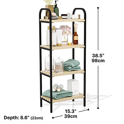 BENOLDY 4-Tier Metal Frame Bathroom Storage Shelf with Waterproof Varnished Pine Wood Shelves, Modern Space Saving Organizer for Bathroom, Kitchen, Bedroom, Office, Hallway