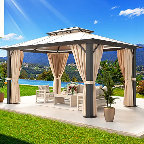 Aoxun Hardtop Gazebo, Outdoor Polycarbonate Double Roof Aluminum 10'x 13' Gazebo with Netting and Curtains for Deck Backyard Wedding Garden