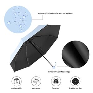 Trenovo Travel Umbrella - Mini Folding Compact Umbrella with Case, 8 Ribs Lightweight Portable Umbrella, Small Sun & Rain Pocket Umbrella for Girls and Women - Blue