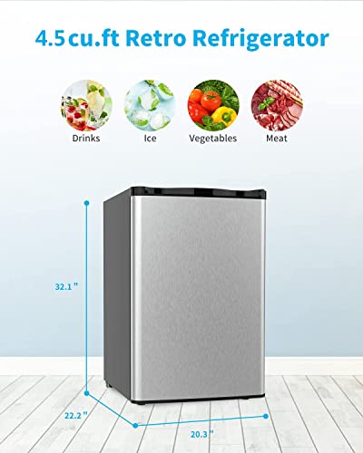 Anpuce 4.5 Cu. Ft Compact Refrigerator-Mini fridge Small Drink Food Storage Machine Upright Freezers Thermoelectric for Dorm, Garage, Camper, Basement, or Office, Single Door, stainless steel, Sliver