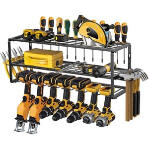 power tool organizer wall mount with 7 drill holders, heavy duty metal garage storage for tools, floating tool shelf for power tools, utility storage rack for cordless drill & screwdriver (7 holders)