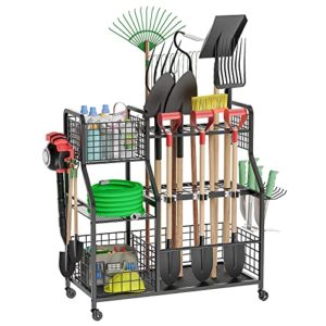 jksmart garden tool organizer for garage, large utility yard tool organizers and storage holder with wheels, 3 tier garden tool rack with extra storage basket for garden/garage/shed/basement