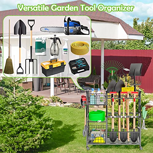 JKsmart Garden Tool Organizer for Garage, Large Utility Yard Tool Organizers and Storage Holder with Wheels, 3 Tier Garden Tool Rack with Extra Storage Basket for Garden/Garage/Shed/Basement