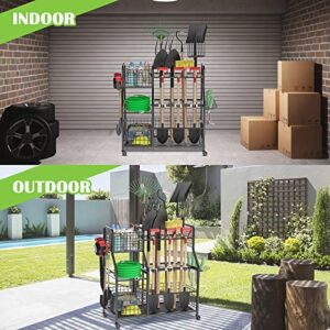 JKsmart Garden Tool Organizer for Garage, Large Utility Yard Tool Organizers and Storage Holder with Wheels, 3 Tier Garden Tool Rack with Extra Storage Basket for Garden/Garage/Shed/Basement