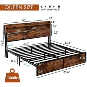 IRONCK Queen Bed Frame with Bookcase Headboard and Charging Station, Metal Platform Bed, Sturdy and No Noise, No Box Spring Needed, Vintage Brown