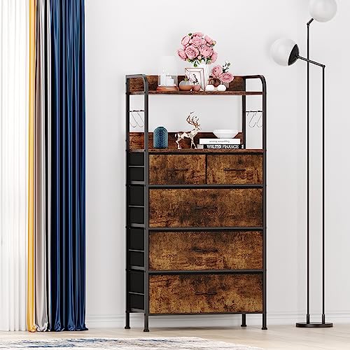 Jojoka Dresser for Bedroom with 5 Drawers, Dressers & Chests of Drawers for Hallway, Entryway, Storage Organizer Unit with Fabric, Sturdy Metal Frame, Wood Tabletop, Easy Pull Handle