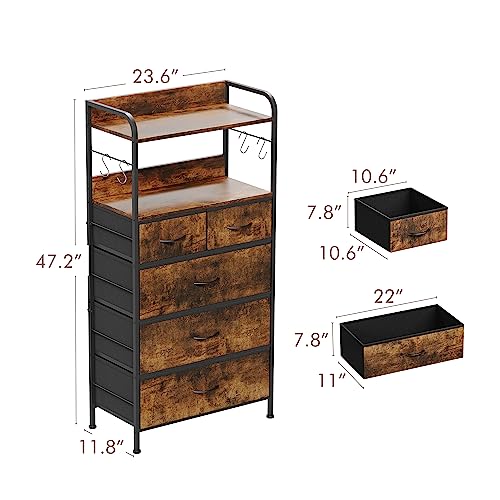 Jojoka Dresser for Bedroom with 5 Drawers, Dressers & Chests of Drawers for Hallway, Entryway, Storage Organizer Unit with Fabric, Sturdy Metal Frame, Wood Tabletop, Easy Pull Handle