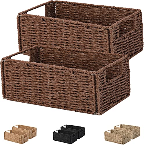 Small Wicker Storage Baskets, Vagusicc Hand-Woven Paper Rope Storage Organizer Baskets Bins (Set of 2), Toilet Paper Small Wicker Baskets with Handles for Organizing Toilet Shelves Pantry, Brown