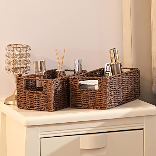 Small Wicker Storage Baskets, Vagusicc Hand-Woven Paper Rope Storage Organizer Baskets Bins (Set of 2), Toilet Paper Small Wicker Baskets with Handles for Organizing Toilet Shelves Pantry, Brown