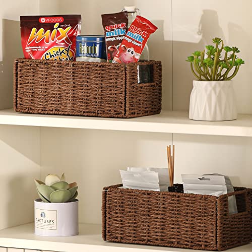 Small Wicker Storage Baskets, Vagusicc Hand-Woven Paper Rope Storage Organizer Baskets Bins (Set of 2), Toilet Paper Small Wicker Baskets with Handles for Organizing Toilet Shelves Pantry, Brown