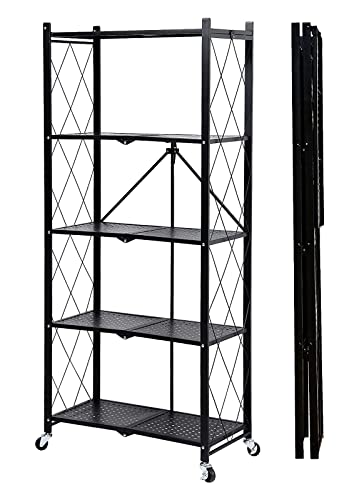 TIOPSUUO 5-Shelf Foldable Storage Shelf Unit on Wheels (No Assembly) Large Capacity Shelving Unit Steel for Kitchen, Garage, Basement, Pantry，Heavy Duty Steel Shelving Organizer Rack