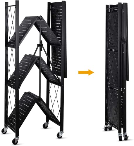 TIOPSUUO 5-Shelf Foldable Storage Shelf Unit on Wheels (No Assembly) Large Capacity Shelving Unit Steel for Kitchen, Garage, Basement, Pantry，Heavy Duty Steel Shelving Organizer Rack