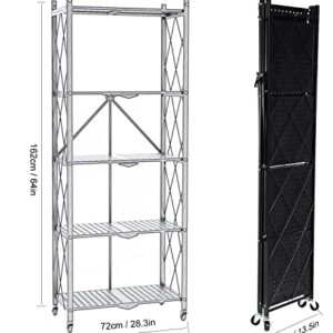 TIOPSUUO 5-Shelf Foldable Storage Shelf Unit on Wheels (No Assembly) Large Capacity Shelving Unit Steel for Kitchen, Garage, Basement, Pantry，Heavy Duty Steel Shelving Organizer Rack