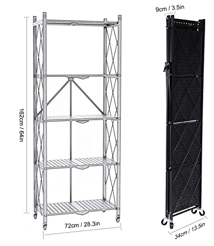 TIOPSUUO 5-Shelf Foldable Storage Shelf Unit on Wheels (No Assembly) Large Capacity Shelving Unit Steel for Kitchen, Garage, Basement, Pantry，Heavy Duty Steel Shelving Organizer Rack