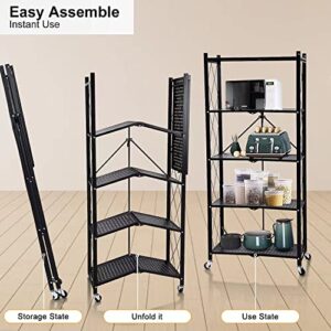 TIOPSUUO 5-Shelf Foldable Storage Shelf Unit on Wheels (No Assembly) Large Capacity Shelving Unit Steel for Kitchen, Garage, Basement, Pantry，Heavy Duty Steel Shelving Organizer Rack