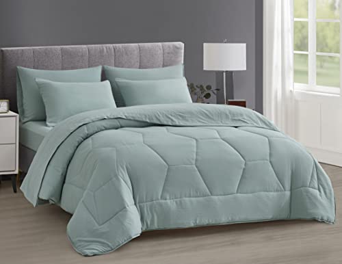 Chezmoi Collection Piper Twin Bed in a Bag 5-Pieces Honeycomb Geometric Hexagon Quilted Soft Washed Double Brushed Microfiber Comforter with Sheets Lightweight All Season Bedding Set (Twin, Aqua)