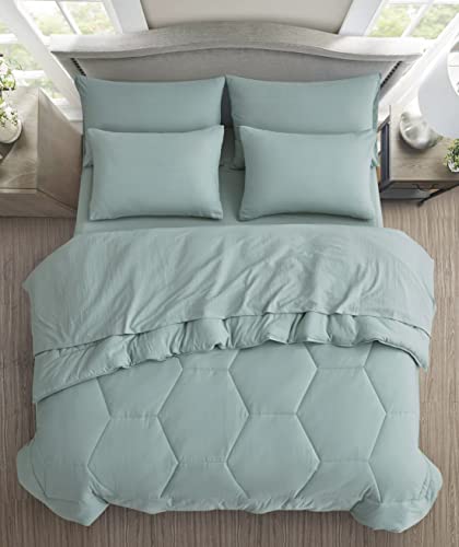 Chezmoi Collection Piper Twin Bed in a Bag 5-Pieces Honeycomb Geometric Hexagon Quilted Soft Washed Double Brushed Microfiber Comforter with Sheets Lightweight All Season Bedding Set (Twin, Aqua)