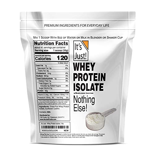 It's Just! - Whey Protein Isolate (Unflavored), Grass-Fed Dairy Cows, Product of United Kingdom, 30g Protein (Unflavored, 3 Pound)