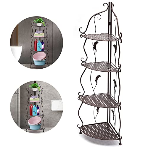 HYYKJ-US 4 Tier Corner Shelf Plant Stand European Retro Multipurpose Metal Shelving Unit Foldable Iron Rack Storage Shelf Home Organizer Decor for Living Room, Office, Kitchen, Bathroom(Bronze)