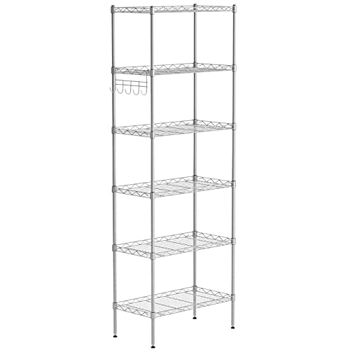 Auslar Metal Storage Shelves 6 Tier Wire Shelving Unit - Metal Racks for Storage with Adjustable Level Feet and Hanging Hooks, Chrome, Grey (24.26" L x 11.5" D x 63" H)