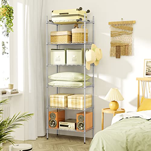 Auslar Metal Storage Shelves 6 Tier Wire Shelving Unit - Metal Racks for Storage with Adjustable Level Feet and Hanging Hooks, Chrome, Grey (24.26" L x 11.5" D x 63" H)