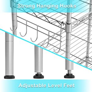 Auslar Metal Storage Shelves 6 Tier Wire Shelving Unit - Metal Racks for Storage with Adjustable Level Feet and Hanging Hooks, Chrome, Grey (24.26" L x 11.5" D x 63" H)