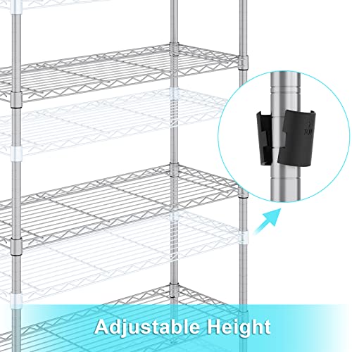 Auslar Metal Storage Shelves 6 Tier Wire Shelving Unit - Metal Racks for Storage with Adjustable Level Feet and Hanging Hooks, Chrome, Grey (24.26" L x 11.5" D x 63" H)