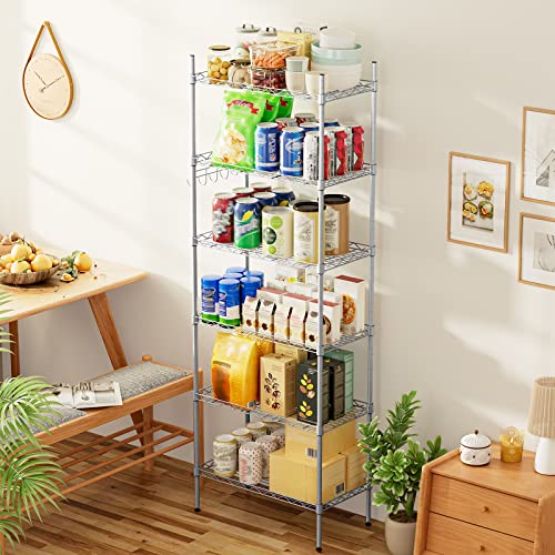 Auslar Metal Storage Shelves 6 Tier Wire Shelving Unit - Metal Racks for Storage with Adjustable Level Feet and Hanging Hooks, Chrome, Grey (24.26" L x 11.5" D x 63" H)