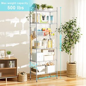 Auslar Metal Storage Shelves 6 Tier Wire Shelving Unit - Metal Racks for Storage with Adjustable Level Feet and Hanging Hooks, Chrome, Grey (24.26" L x 11.5" D x 63" H)