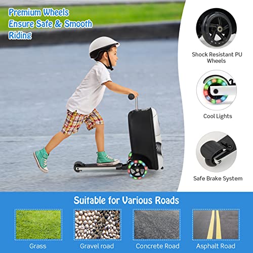 Costzon Kids Folding Ride On Suitcase Scooter, 2-in-1 Lightweight Skateboard Luggage w/Lighted Wheels, Brake System, Carry on Suitcase for Travel, School, Outdoor (Blue Monster)