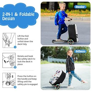 Costzon Kids Folding Ride On Suitcase Scooter, 2-in-1 Lightweight Skateboard Luggage w/Lighted Wheels, Brake System, Carry on Suitcase for Travel, School, Outdoor (Blue Monster)