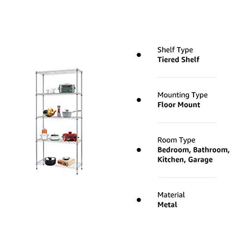 FDW 14" D×24" W×60" H Wire Shelving Unit Metal Commercial Shelf with 5 Tier Layer Rack Strong Steel for Restaurant Garage Pantry Kitchen Garage,Chrome