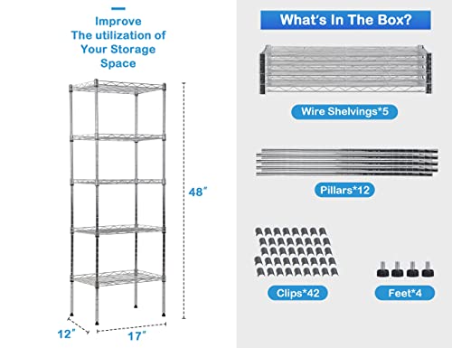 5-Tier Metal Wire Shelving Unit Kitchen Shelf Organizer Kitchen Storage Rack Utility Shelf Snack Shelf, NSF Certified Storage Shelves for Storage, Garage Shelving Storage Shelf Pantry Shelves