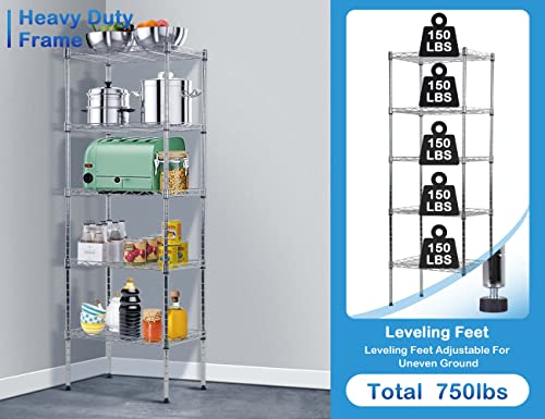 5-Tier Metal Wire Shelving Unit Kitchen Shelf Organizer Kitchen Storage Rack Utility Shelf Snack Shelf, NSF Certified Storage Shelves for Storage, Garage Shelving Storage Shelf Pantry Shelves