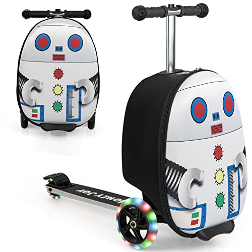 GLACER 19” Hardshell Ride-on Suitcase Scooter, Carry-on Luggage & Scooter w/LED Wheels, Anti-Slip Aluminum Deck, Foldable Kids Ride-on Suitcase for Travel & School, Cute & Lightweight (Robot)